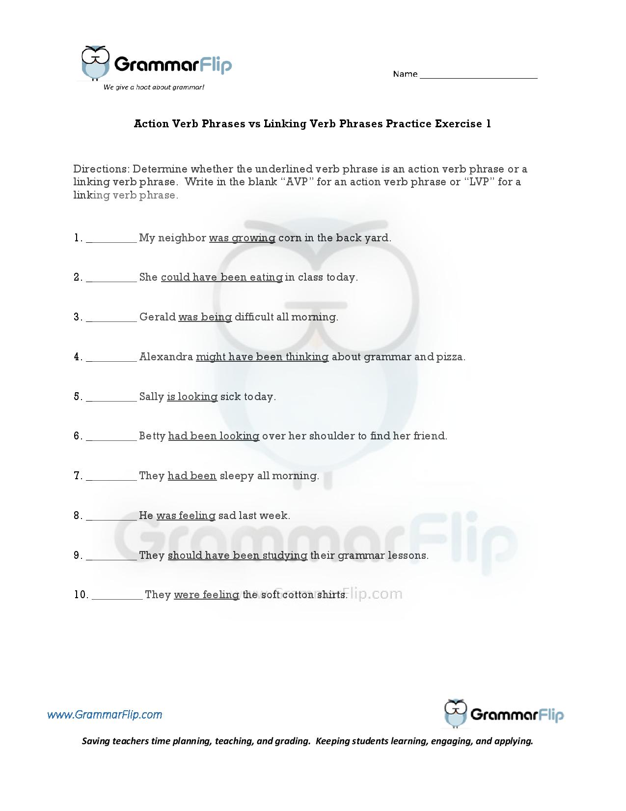 Action Verb Phrases Vs Linking Verb Phrases Free Worksheet